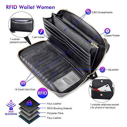 nuoku Womens RFID Wallet Purse Wristlet Crossbody Clutch with Zip Around 2 Strap