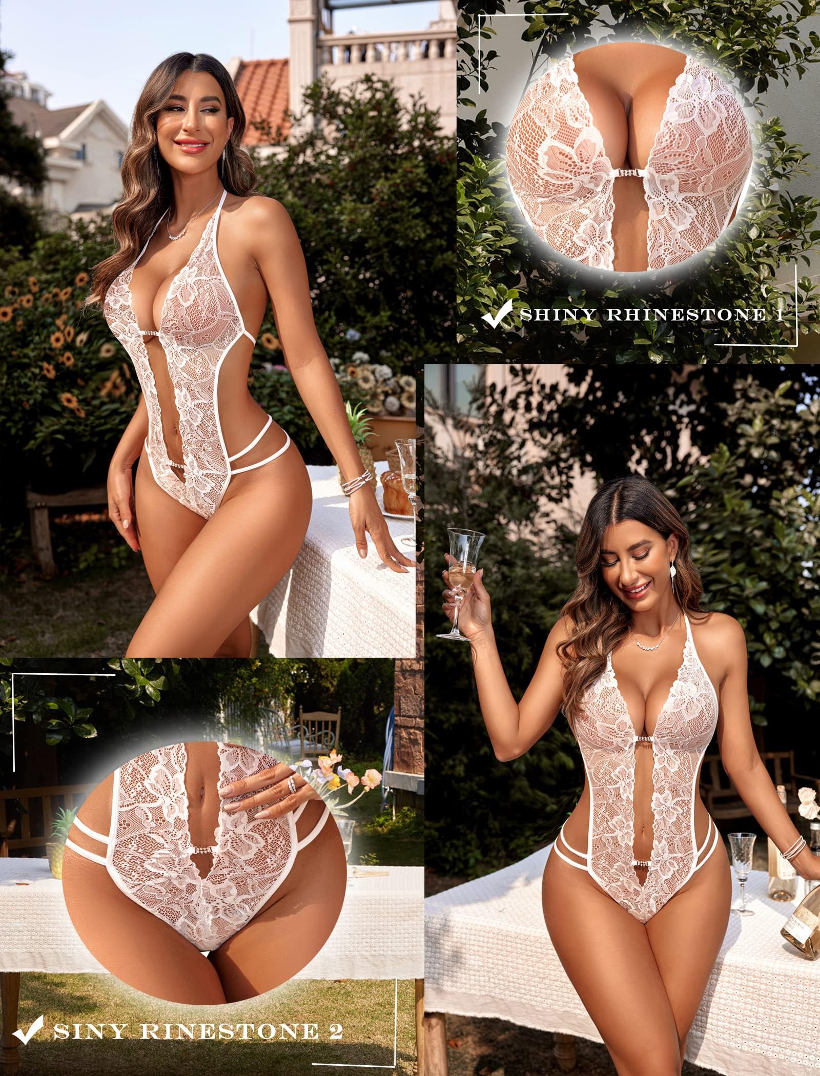 Avidlove Womens Sexy Lace Babydoll Lingerie V Neck Halter Teddy Bodysuit White Small