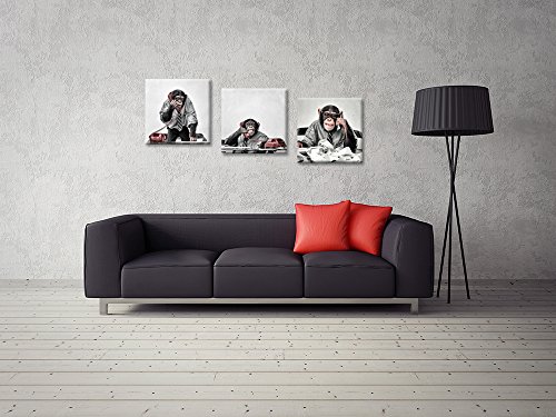 iHAPPYWALL 3 Piece Monkey Canvas Print Wall Art Funny Chimpanzee On The Phone At The Desk Modern Pop Animal Ape Canvas Painting Framed For Home Office Decoration 12x12inchx3pcs