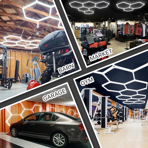 HYPERLITE Gen 1 Hexagon Garage Lights, 3 Grid Systems Honeycomb Lights Ceiling, Hexagon Ceiling Light 6500K Cool White for Shop Garage Gym Basement Car Care Wash Room Auto Detailing