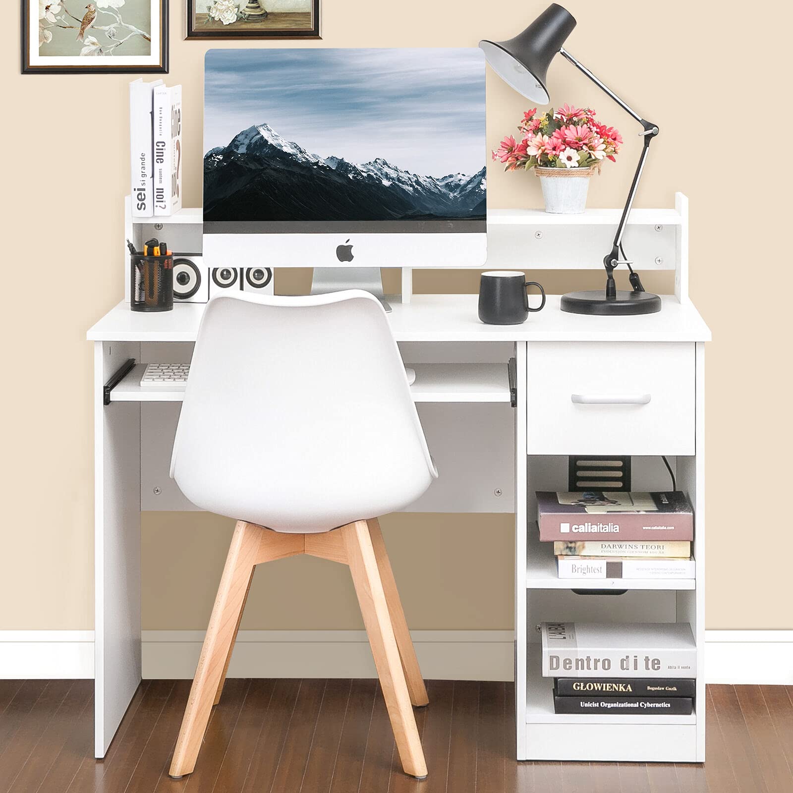 Computer Desk Student Desk Home Office Writing Table with Drawer Shelves, White
