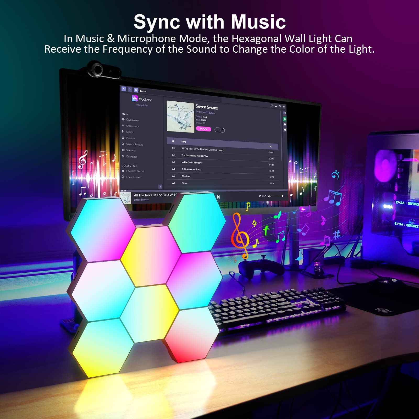 OJQ 8 Pack Hexagon Wall Light RGB Panel - Smart APP RGB Hexagonal Modular Gaming Light Music with Sync Honeycomb Shape Panels Hexagon Lights for Bedroom Children Room