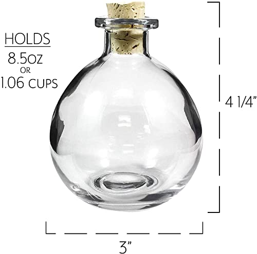 Cornucopia Round Glass Spherical Bottles, Potion Bottles" with Corks (2-Pack, 8-Ounce Capacity); Large Bottles for Costume Props, Decor & DIY Crafts