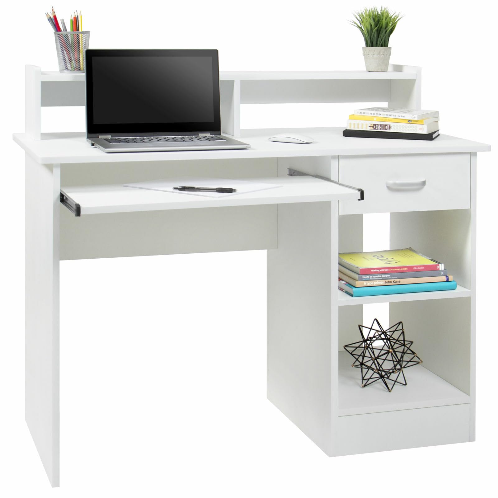 Computer Desk Student Desk Home Office Writing Table with Drawer Shelves, White