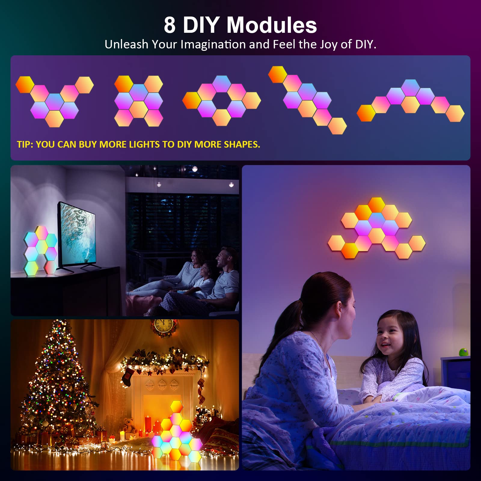 OJQ 8 Pack Hexagon Wall Light RGB Panel - Smart APP RGB Hexagonal Modular Gaming Light Music with Sync Honeycomb Shape Panels Hexagon Lights for Bedroom Children Room