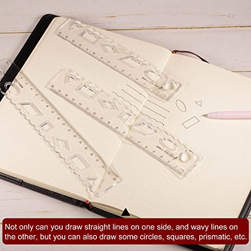 HARFINGTON 2pcs Straight Plastic Ruler 15cm Metric Plastic Clear Measuring Tool Hollow Design with Wavy Line for Classrooms Home Office, Transparent