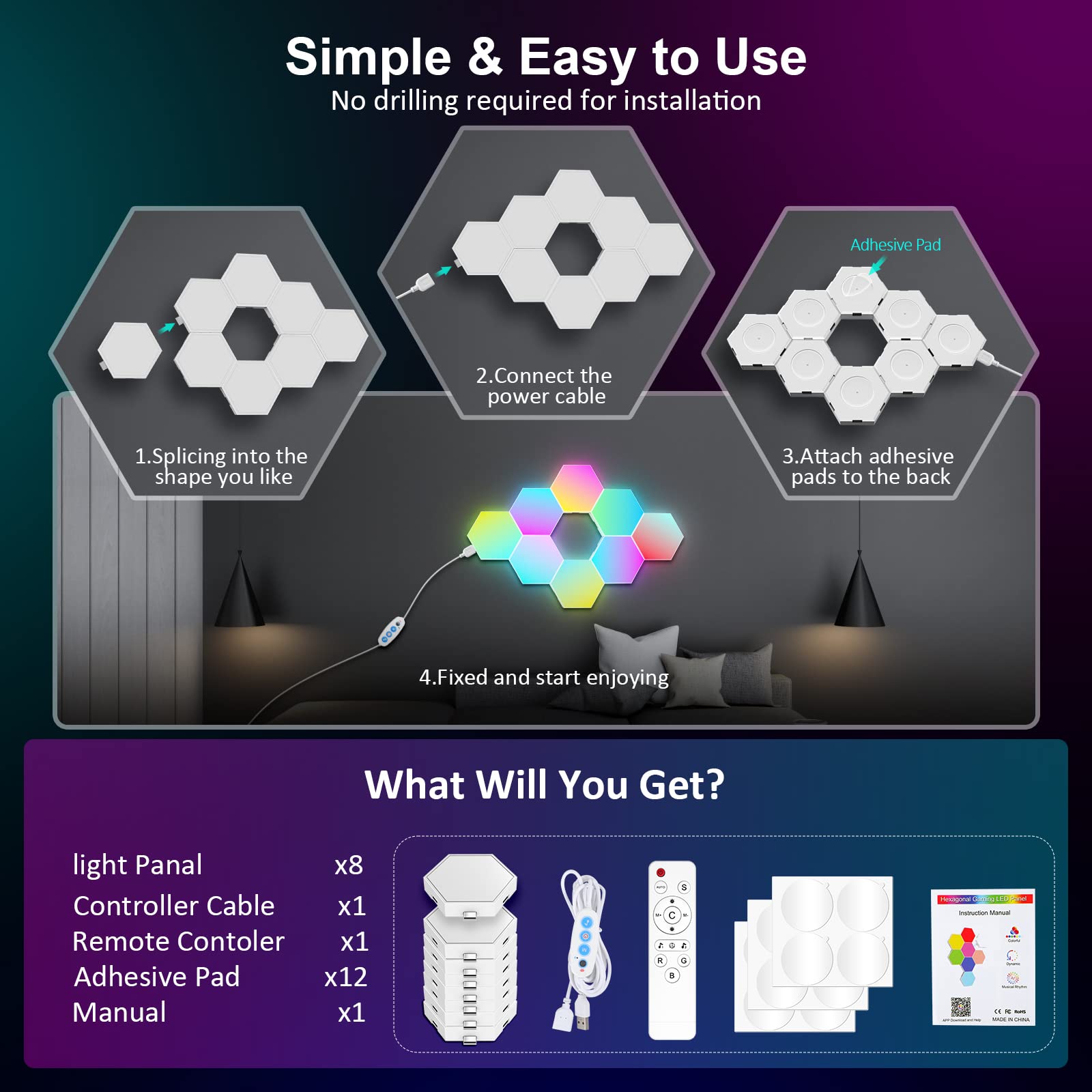 OJQ 8 Pack Hexagon Wall Light RGB Panel - Smart APP RGB Hexagonal Modular Gaming Light Music with Sync Honeycomb Shape Panels Hexagon Lights for Bedroom Children Room