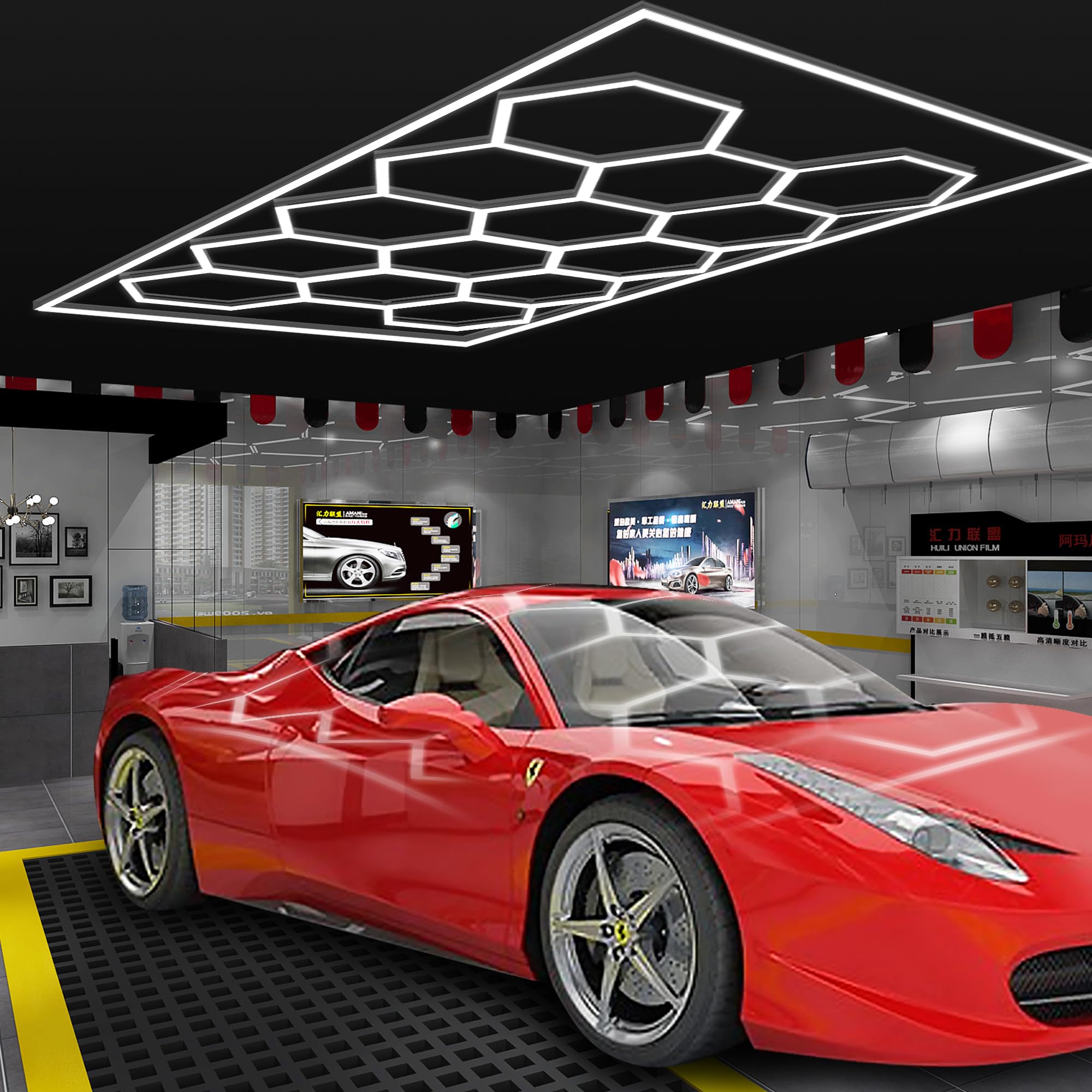 MODERN Hexagon Lights Garage: 14 Grid Systems Honeycomb Garage Light with Rectangle Frame, Higher Brightness 86400LM 720W 6500K for Garage, Car Detailing Workshop and Exhibition Hall etc. … …