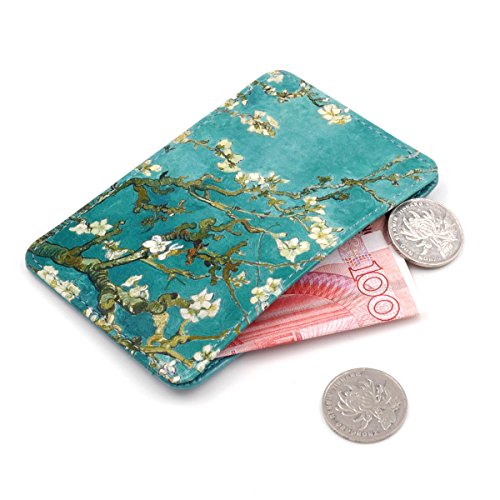 kandouren Slim RFID Blocking Leather Front Pocket Wallet for Women & Girl,Money Clip,Credit Card Holder Case(Green Van Gogh Flower)