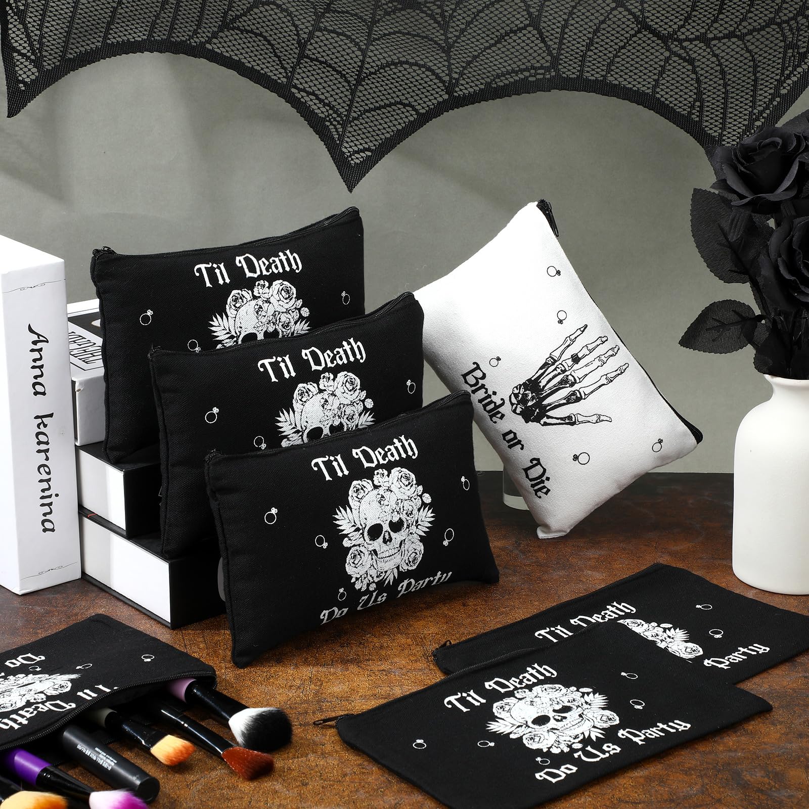 Silkfly 7 Pcs Bride or Die Bachelorette Party Makeup Bag Till Death Cosmetic Bags for Gothic Halloween Bridal Shower Supplies(White, Black)