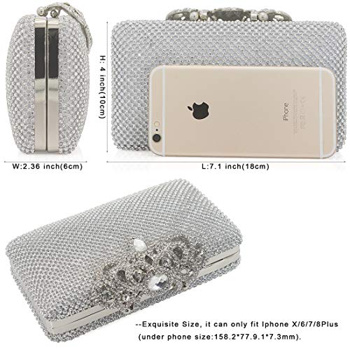 Dexmay Crystal Rhinestone Clutch Bag Diamond Crown Clasp Evening Bag Bling Party Purse Silver