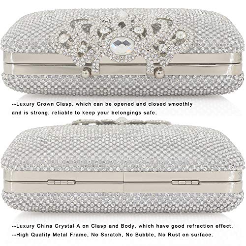 Dexmay Crystal Rhinestone Clutch Bag Diamond Crown Clasp Evening Bag Bling Party Purse Silver