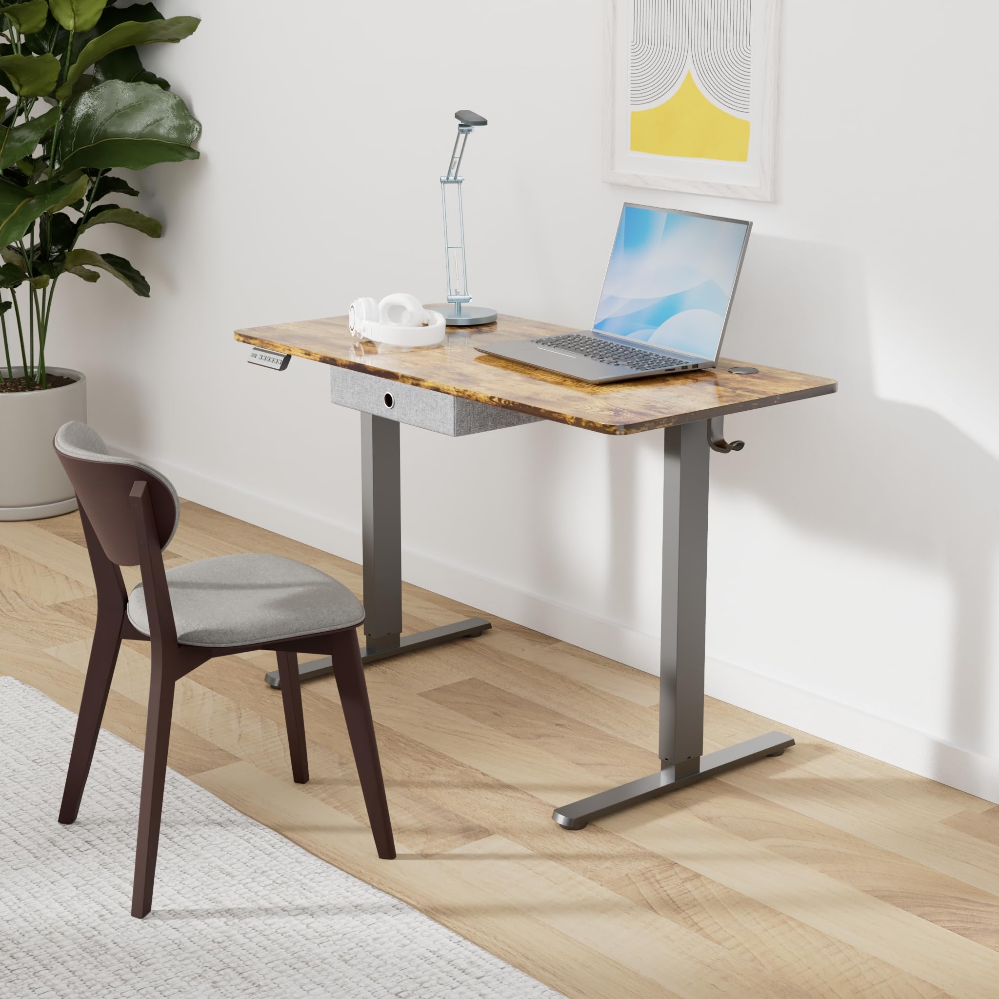 DUMOS 55 Inch Electric, Ergonomic Sit Stand Drawers, Home Office Height Adjustable Desk Computer Workstation, 23.62"D x 55.12"W x 28.74"H, Rustic Brown