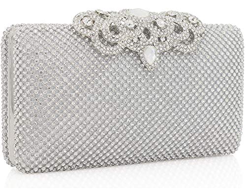 Dexmay Crystal Rhinestone Clutch Bag Diamond Crown Clasp Evening Bag Bling Party Purse Silver
