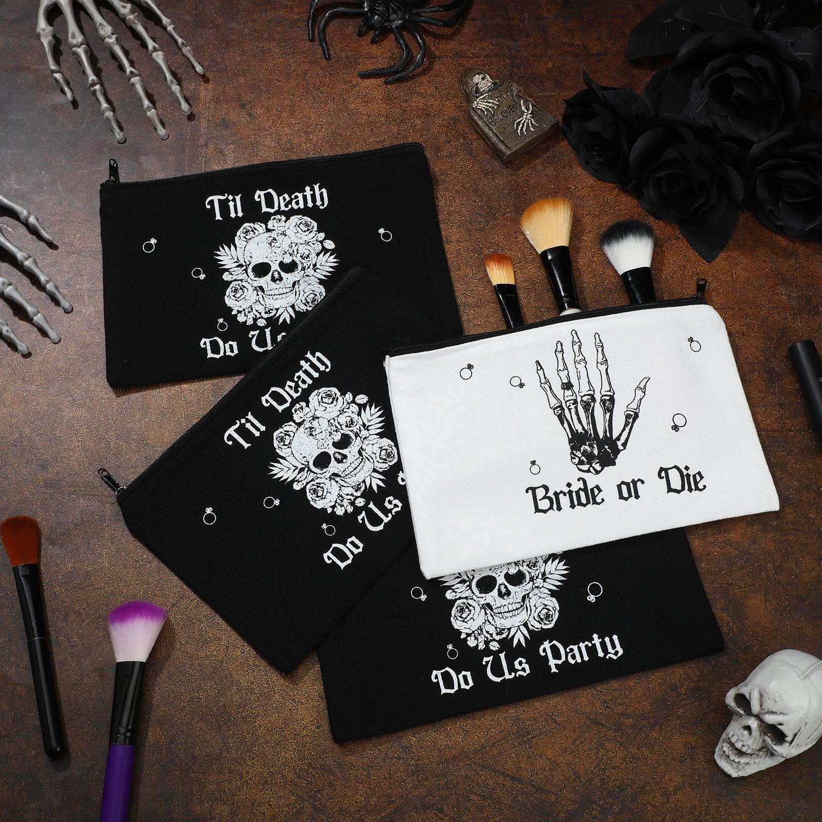 Silkfly 7 Pcs Bride or Die Bachelorette Party Makeup Bag Till Death Cosmetic Bags for Gothic Halloween Bridal Shower Supplies(White, Black)