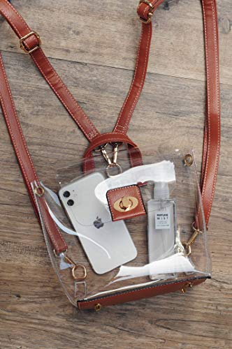 HOXIS Multifunction Clear Backpack for Stadium Approved Convertible Women Cross Body Bag (Brown)