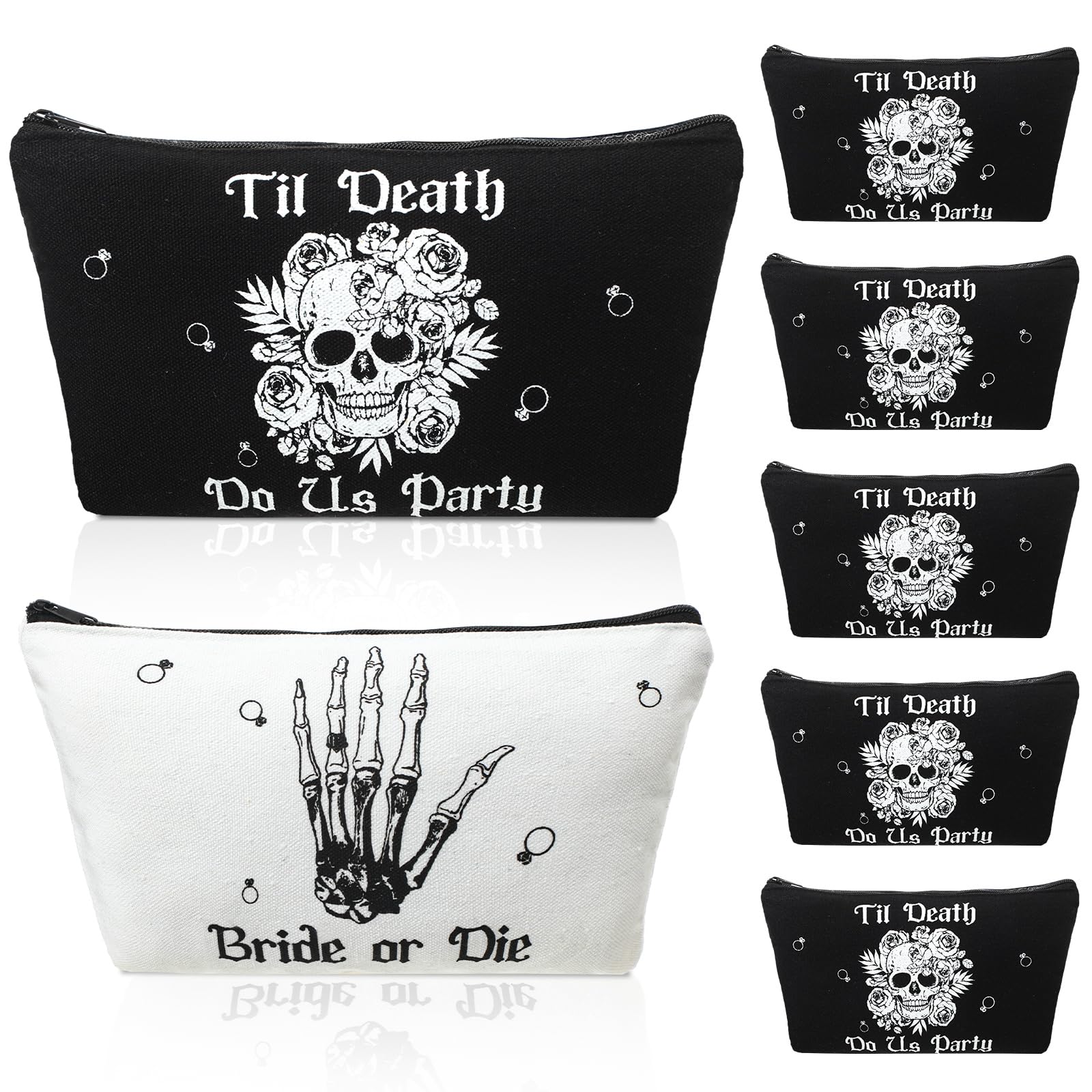 Silkfly 7 Pcs Bride or Die Bachelorette Party Makeup Bag Till Death Cosmetic Bags for Gothic Halloween Bridal Shower Supplies(White, Black)