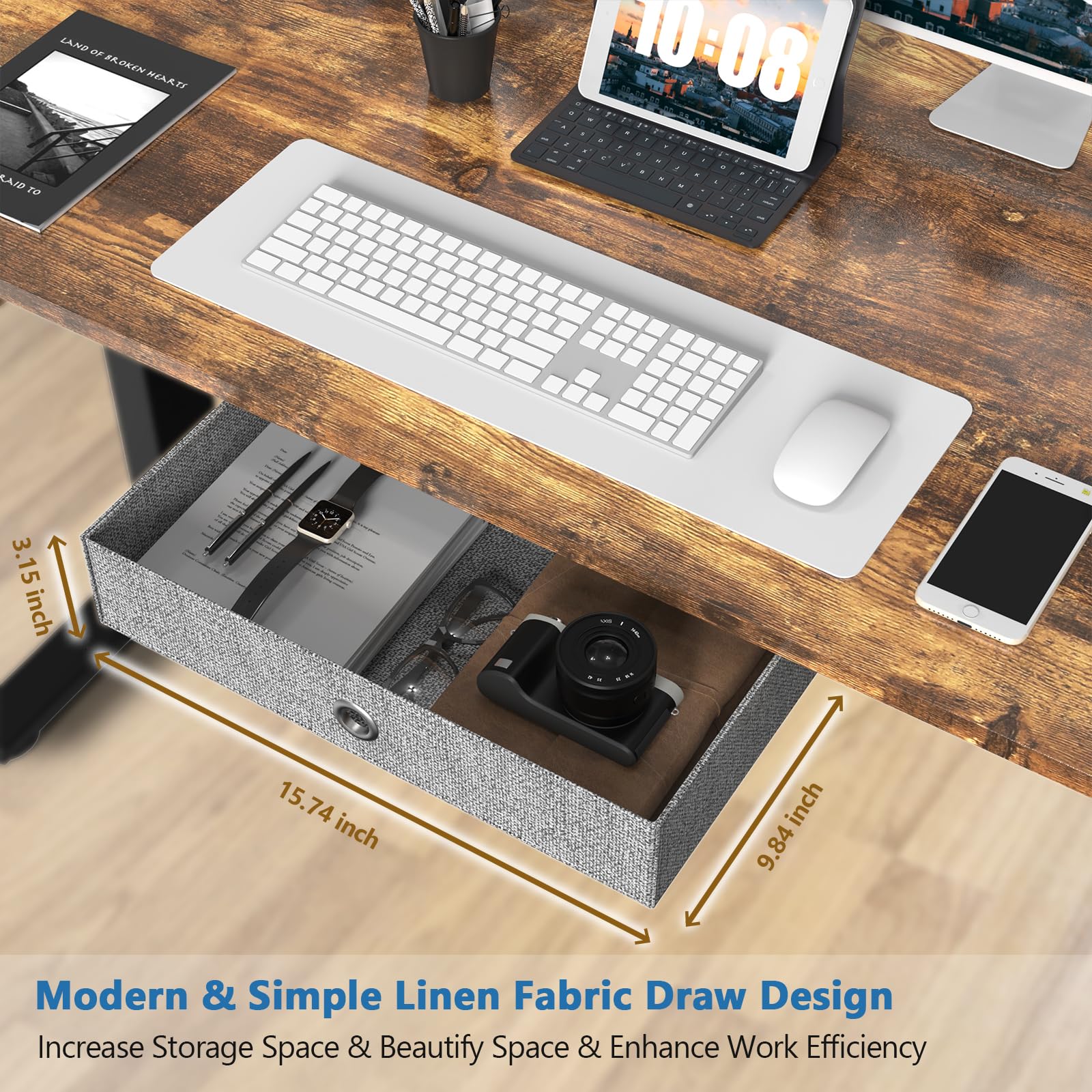 DUMOS 55 Inch Electric, Ergonomic Sit Stand Drawers, Home Office Height Adjustable Desk Computer Workstation, 23.62"D x 55.12"W x 28.74"H, Rustic Brown