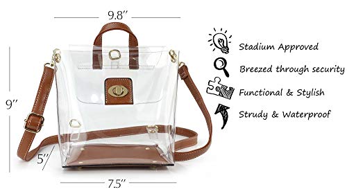 HOXIS Multifunction Clear Backpack for Stadium Approved Convertible Women Cross Body Bag (Brown)