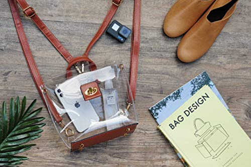HOXIS Multifunction Clear Backpack for Stadium Approved Convertible Women Cross Body Bag (Brown)