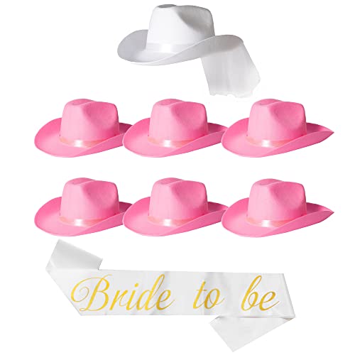 Chug Buddy Set of 7 Cowgirl Hats Bride Cowgirl Hat with Bride to Be Sash and Veil for Bachelorette Party- Favors, Supplies, Decorations, Gifts