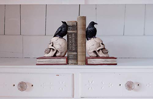 DWK - Murder and Mystery - Ravens on Skulls Bookends Gothic Poe Crow Reading Bookshelf Theme for Your Library Home Décor Book Shelf Accent 8.5 Inches in Length