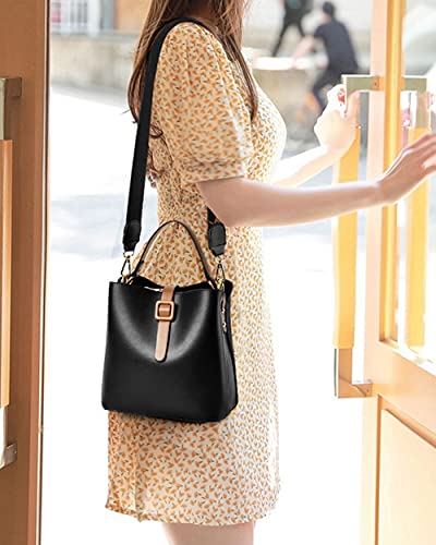 Goclothod Drawstring Bucket Bag Women Faux Leather Shoulder Bag Hobo Handbags