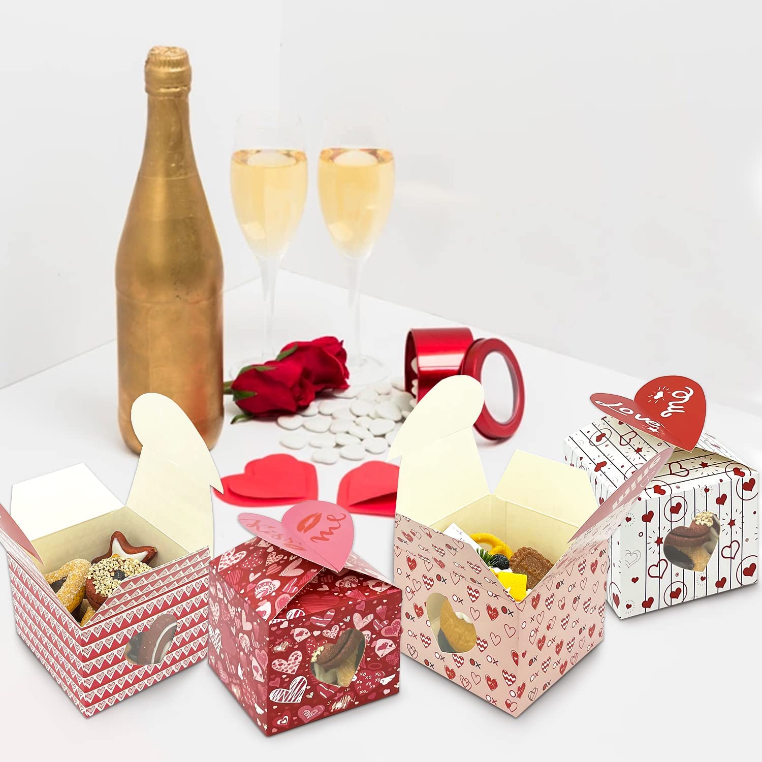 Aviski 12Pcs Valentine's Day Treat Boxes Small Goodie Present Boxes Recycled Party Favor Boxes Heart Printed Cardboard Box for Candy, Cookies and Party Favors, 4 Patterns
