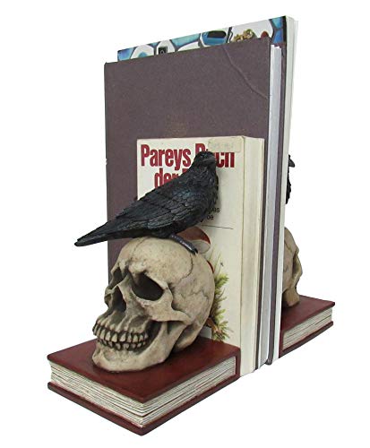 DWK - Murder and Mystery - Ravens on Skulls Bookends Gothic Poe Crow Reading Bookshelf Theme for Your Library Home Décor Book Shelf Accent 8.5 Inches in Length