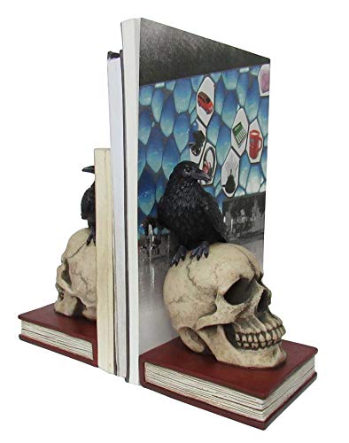DWK - Murder and Mystery - Ravens on Skulls Bookends Gothic Poe Crow Reading Bookshelf Theme for Your Library Home Décor Book Shelf Accent 8.5 Inches in Length