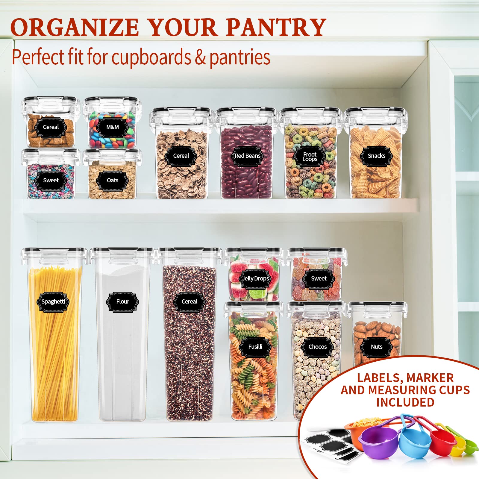 Skroam 24 Pack Airtight Food Storage Containers with Lids for Kitchen Pantry Organization and storage, BPA Free, Plastic Canister Set for Cereal, Pasta, Flour & Sugar - Spoon Set, Labels & Marker.