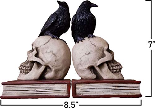 DWK - Murder and Mystery - Ravens on Skulls Bookends Gothic Poe Crow Reading Bookshelf Theme for Your Library Home Décor Book Shelf Accent 8.5 Inches in Length