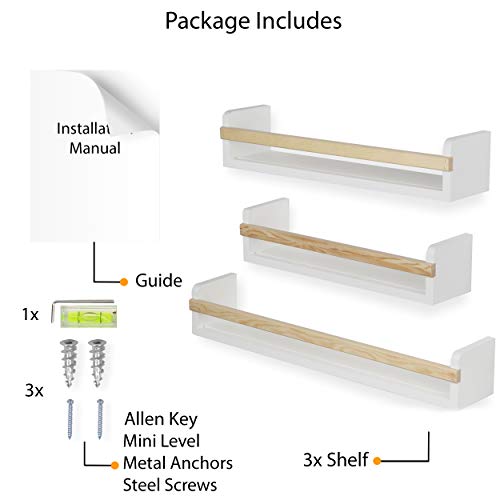 Wallniture Utah Wall Mount Nursery Décor Kids Bookshelf Floating Wall Shelves Book Photo Display Varying Sizes Set of 3 White