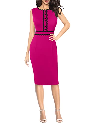 VFSHOW Womens Wear to Work Button Patchwork Trim Crew Neck Fitted Office Business Party Cocktail Bodycon Pencil Sheath Dress (Hot Pink, Large) 10186 PIK L