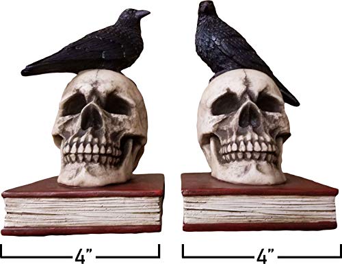 DWK - Murder and Mystery - Ravens on Skulls Bookends Gothic Poe Crow Reading Bookshelf Theme for Your Library Home Décor Book Shelf Accent 8.5 Inches in Length