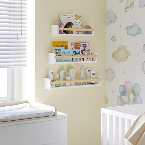 Wallniture Utah Wall Mount Nursery Décor Kids Bookshelf Floating Wall Shelves Book Photo Display Varying Sizes Set of 3 White