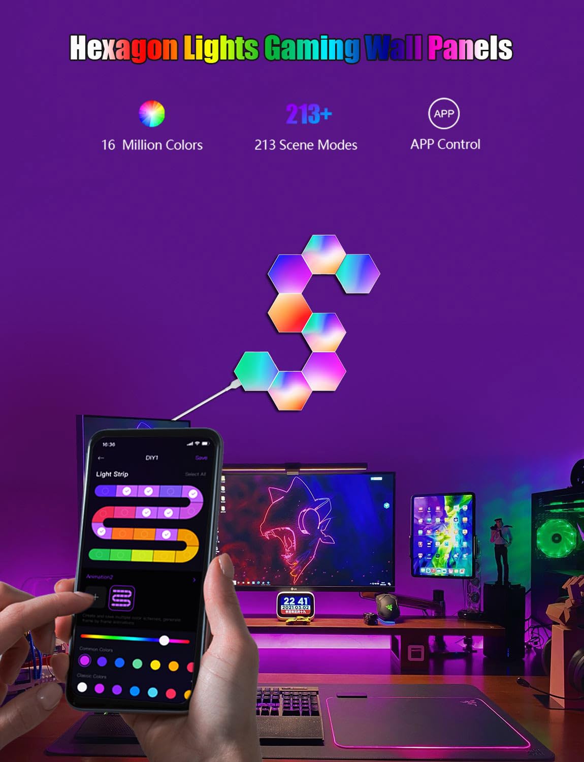 selfila Music Sync DIY Hexagon Lights - 8 Pack Smart APP and Remote RGB Wall Light Hexagonal Modular Gaming Light Honeycomb Shape Panels LED Lights for Bedroom Children Room Decor