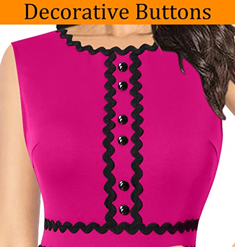 VFSHOW Womens Wear to Work Button Patchwork Trim Crew Neck Fitted Office Business Party Cocktail Bodycon Pencil Sheath Dress (Hot Pink, Large) 10186 PIK L