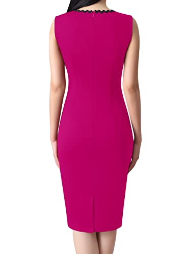 VFSHOW Womens Wear to Work Button Patchwork Trim Crew Neck Fitted Office Business Party Cocktail Bodycon Pencil Sheath Dress (Hot Pink, Large) 10186 PIK L