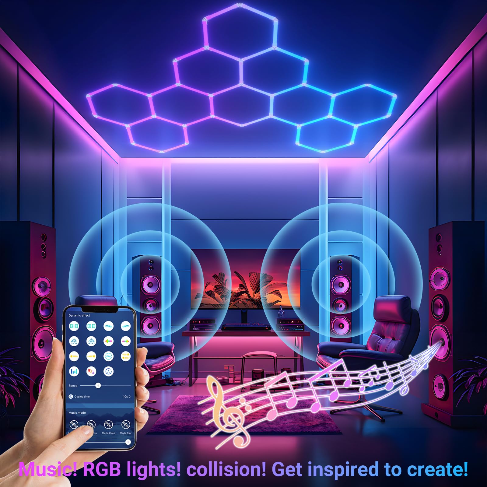 RGB Hexagon Lights - RGB Wall Lights with Music Sync, Dimmable and Speed Adjustable LED Hexagon Lights, LED Wall Lights for Gaming Room Decor, Streaming, Party, Bar, Gym