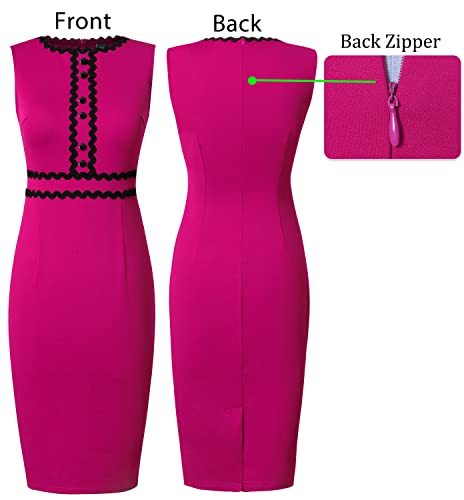 VFSHOW Womens Wear to Work Button Patchwork Trim Crew Neck Fitted Office Business Party Cocktail Bodycon Pencil Sheath Dress (Hot Pink, Large) 10186 PIK L