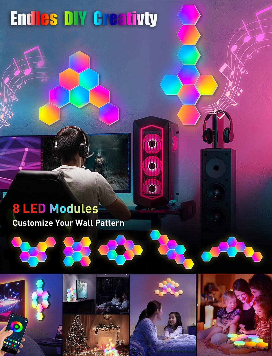 selfila Music Sync DIY Hexagon Lights - 8 Pack Smart APP and Remote RGB Wall Light Hexagonal Modular Gaming Light Honeycomb Shape Panels LED Lights for Bedroom Children Room Decor