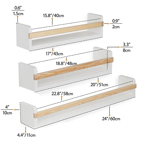 Wallniture Utah Wall Mount Nursery Décor Kids Bookshelf Floating Wall Shelves Book Photo Display Varying Sizes Set of 3 White