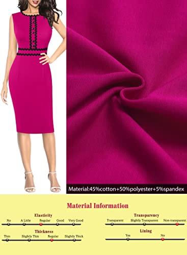 VFSHOW Womens Wear to Work Button Patchwork Trim Crew Neck Fitted Office Business Party Cocktail Bodycon Pencil Sheath Dress (Hot Pink, Large) 10186 PIK L