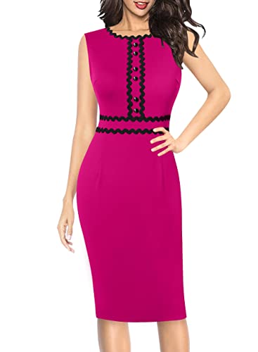 VFSHOW Womens Wear to Work Button Patchwork Trim Crew Neck Fitted Office Business Party Cocktail Bodycon Pencil Sheath Dress (Hot Pink, Large) 10186 PIK L