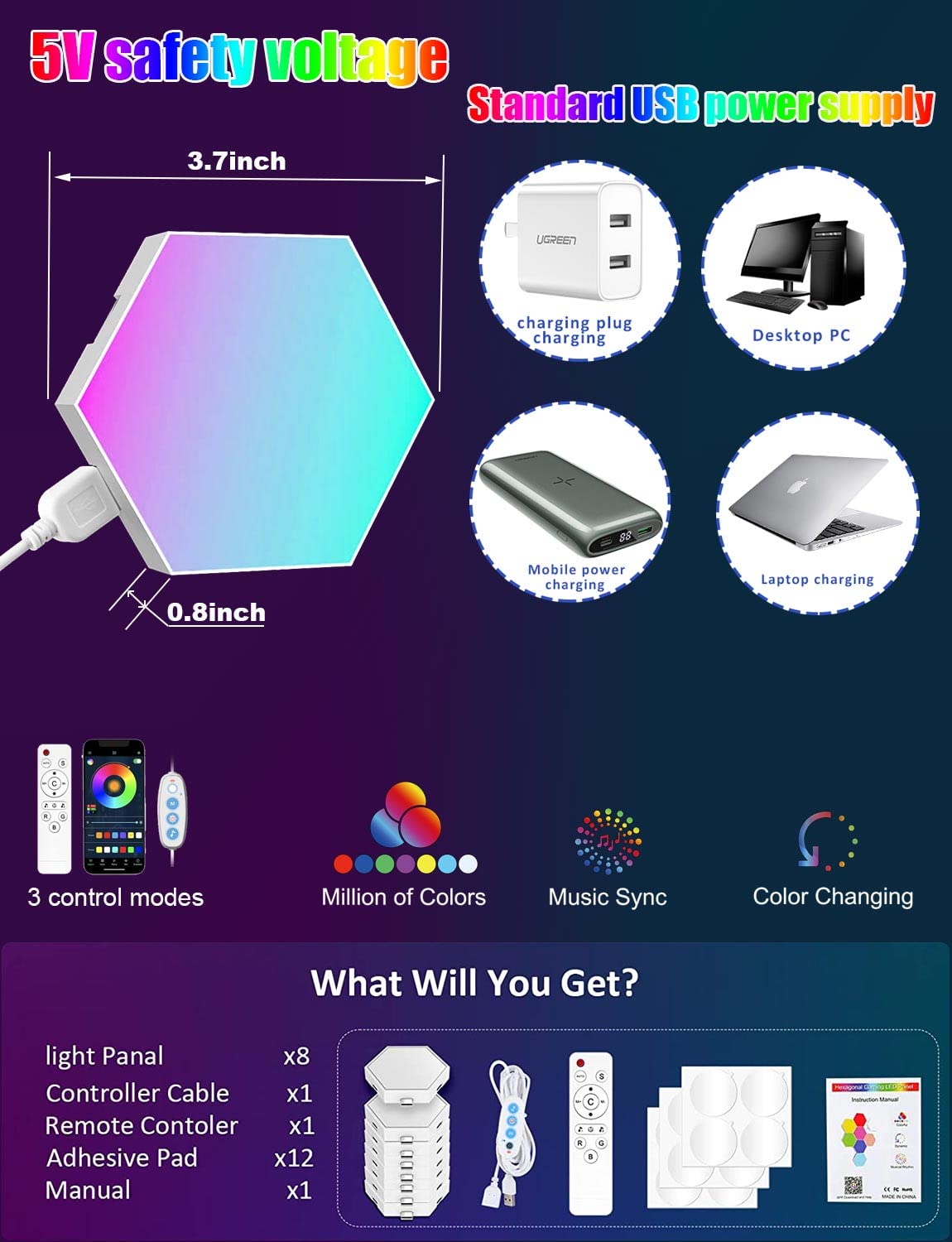 selfila Music Sync DIY Hexagon Lights - 8 Pack Smart APP and Remote RGB Wall Light Hexagonal Modular Gaming Light Honeycomb Shape Panels LED Lights for Bedroom Children Room Decor