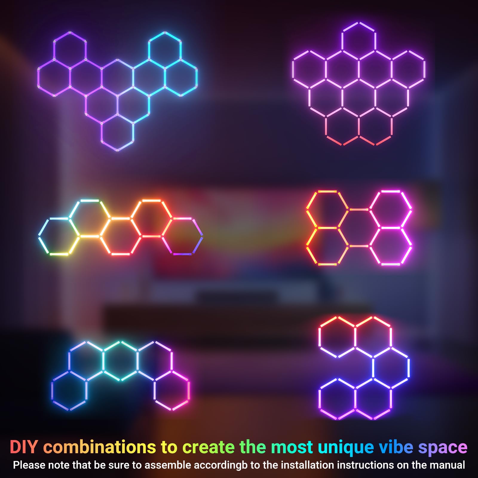 RGB Hexagon Lights - RGB Wall Lights with Music Sync, Dimmable and Speed Adjustable LED Hexagon Lights, LED Wall Lights for Gaming Room Decor, Streaming, Party, Bar, Gym