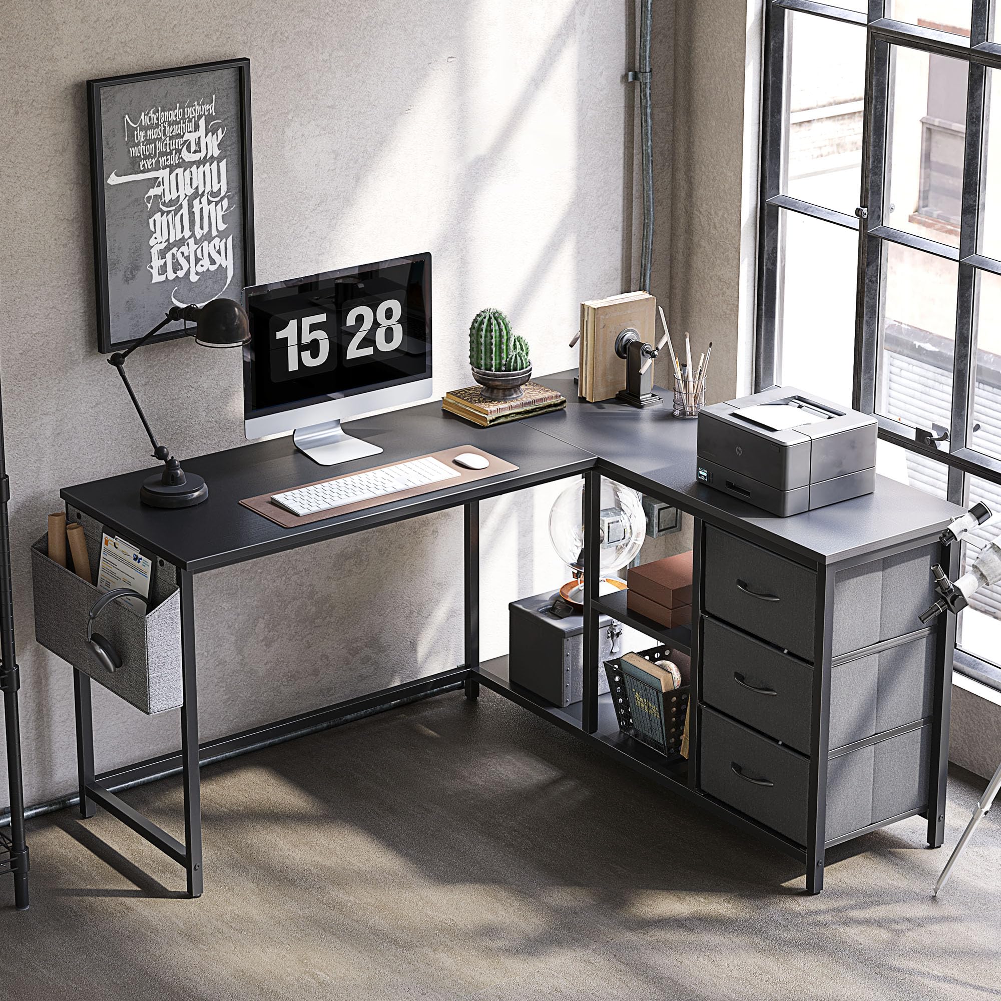 Treesland L-Shaped Desk with Storage & Shelves, Modern Black Computer Desk for Gaming Office, 22 x 4 x 49.7 Inches