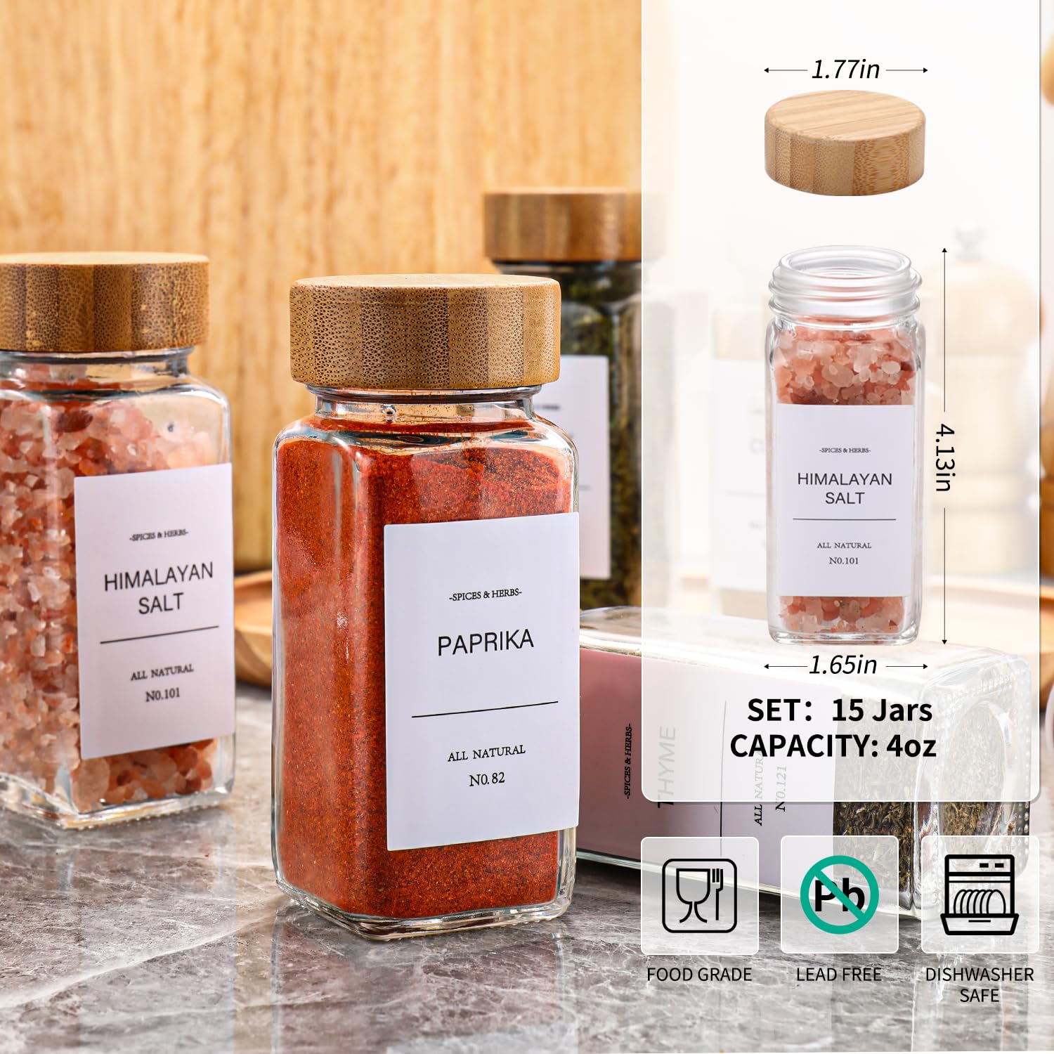 DIMBRAH Spice Jars with Label-4oz 24Pcs, Glass Spice Jars with Bamboo Lids,Spices Container Set with White Printed Spice Labels,Kitchen Empty Spice Jars with Shaker Lids