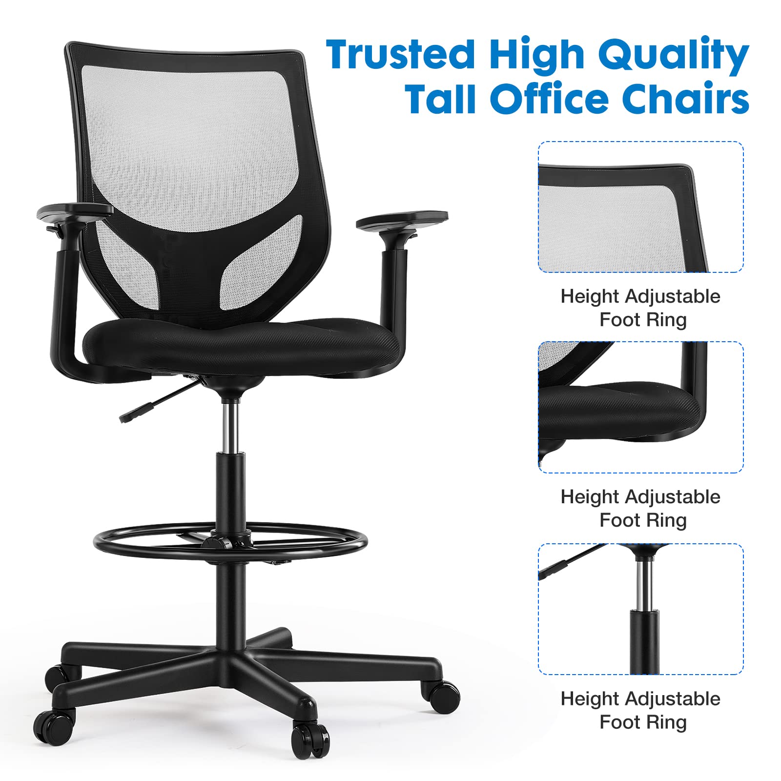 MCQ Drafting Chair Tall Office Chair for Standing Desk Adjustable Height Office Desk Chair with Adjustable Armrests and Foot-Ring for Home Office Drafting